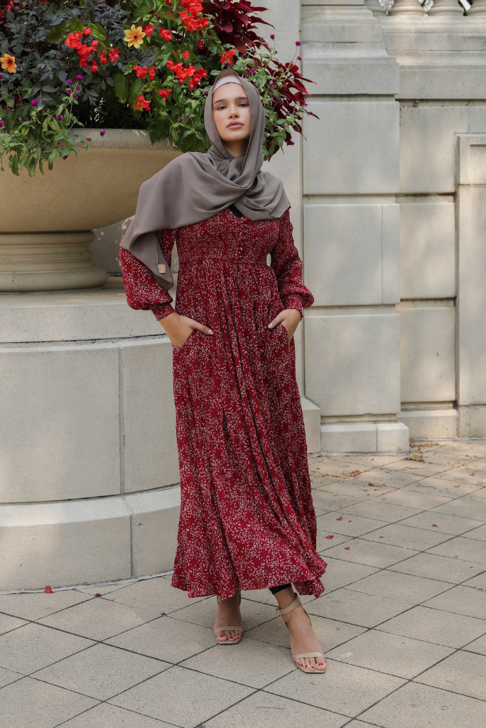 Smocked Floral Maxi Dress - BLACK RASPBERRY – The Modest Outlet